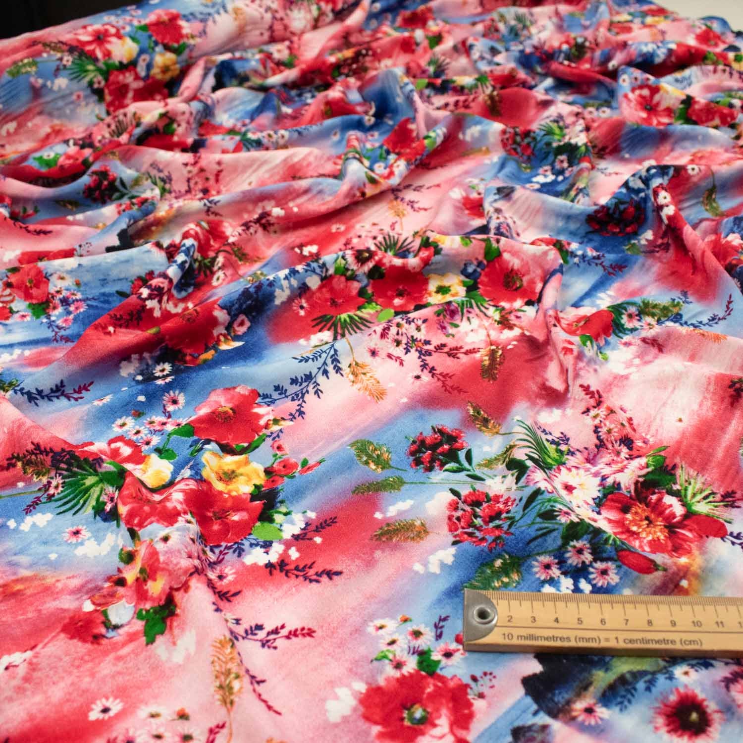 Printed Rayon Design-18 Red Flowers on Blue Wave – Homecraft Textiles