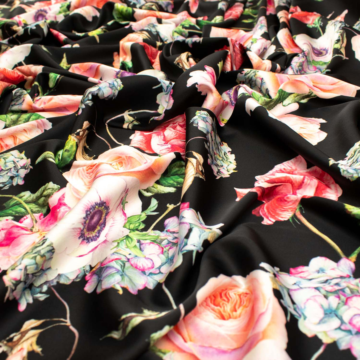 Digital Printed Satin Design-20 Floral Bloom on Black – Homecraft Textiles