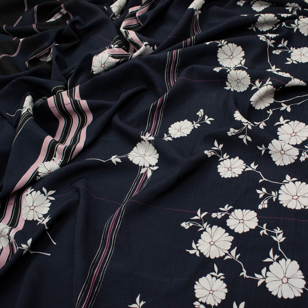 Border Printed Crepe Kimono White Floral on Navy – Homecraft Textiles