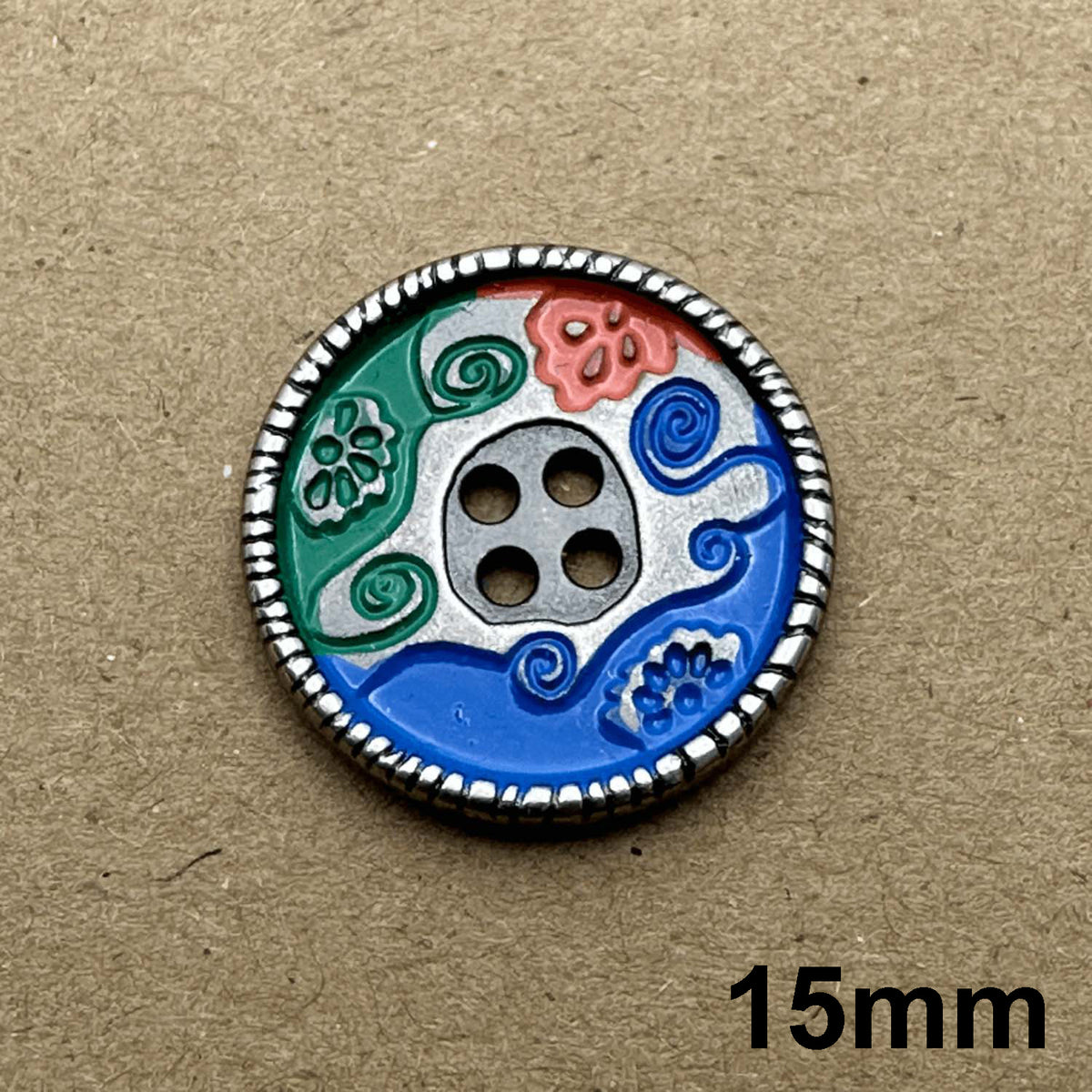 4 Hole Silver Crimp Edge Blue/Green/Red Metal Button – Homecraft Textiles