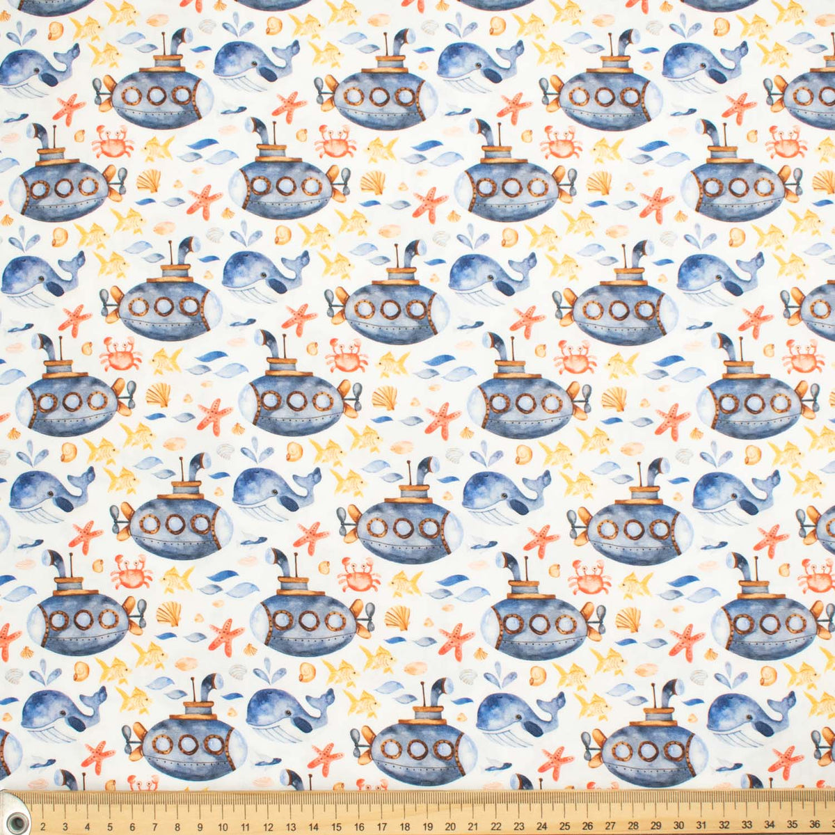 Blue Sea Collection #03 Small Submarine & Sea Life on White Cotton Pri ...