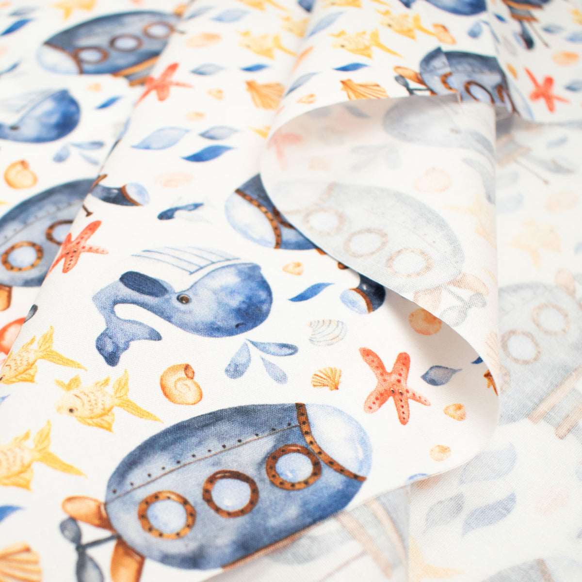 Blue Sea Collection #01 Big Submarine & Sea Life on White Cotton Print ...