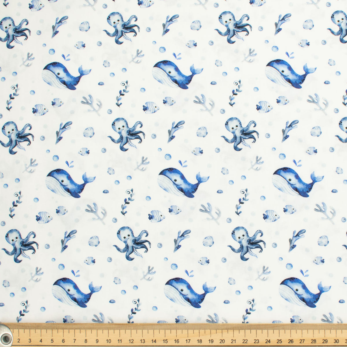 Blue Sea Collection #04 Blue Whale & Sea Life on White Cotton Prints ...