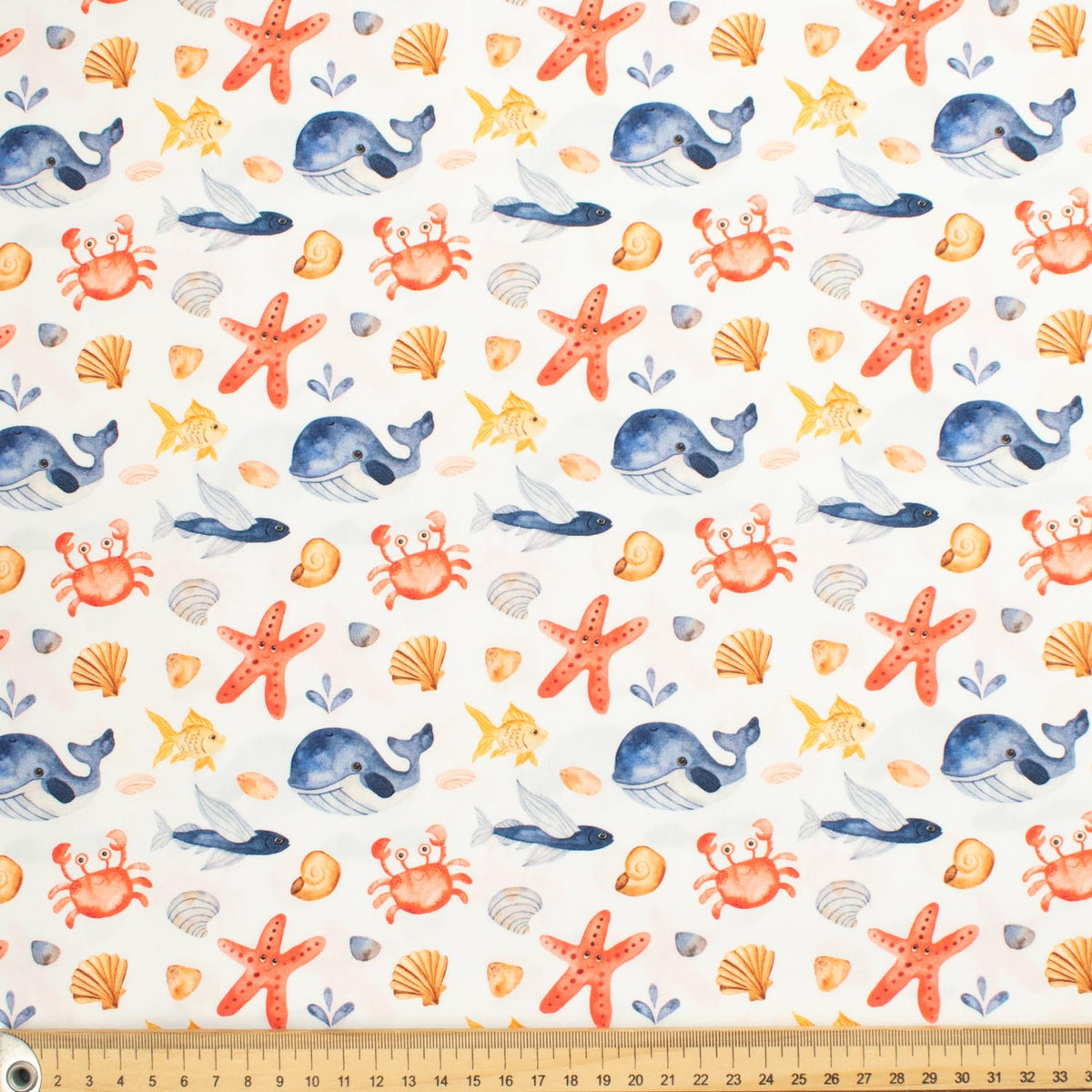 Blue Sea Collection #08 Red Starfish & Sea Life on White Cotton Prints ...