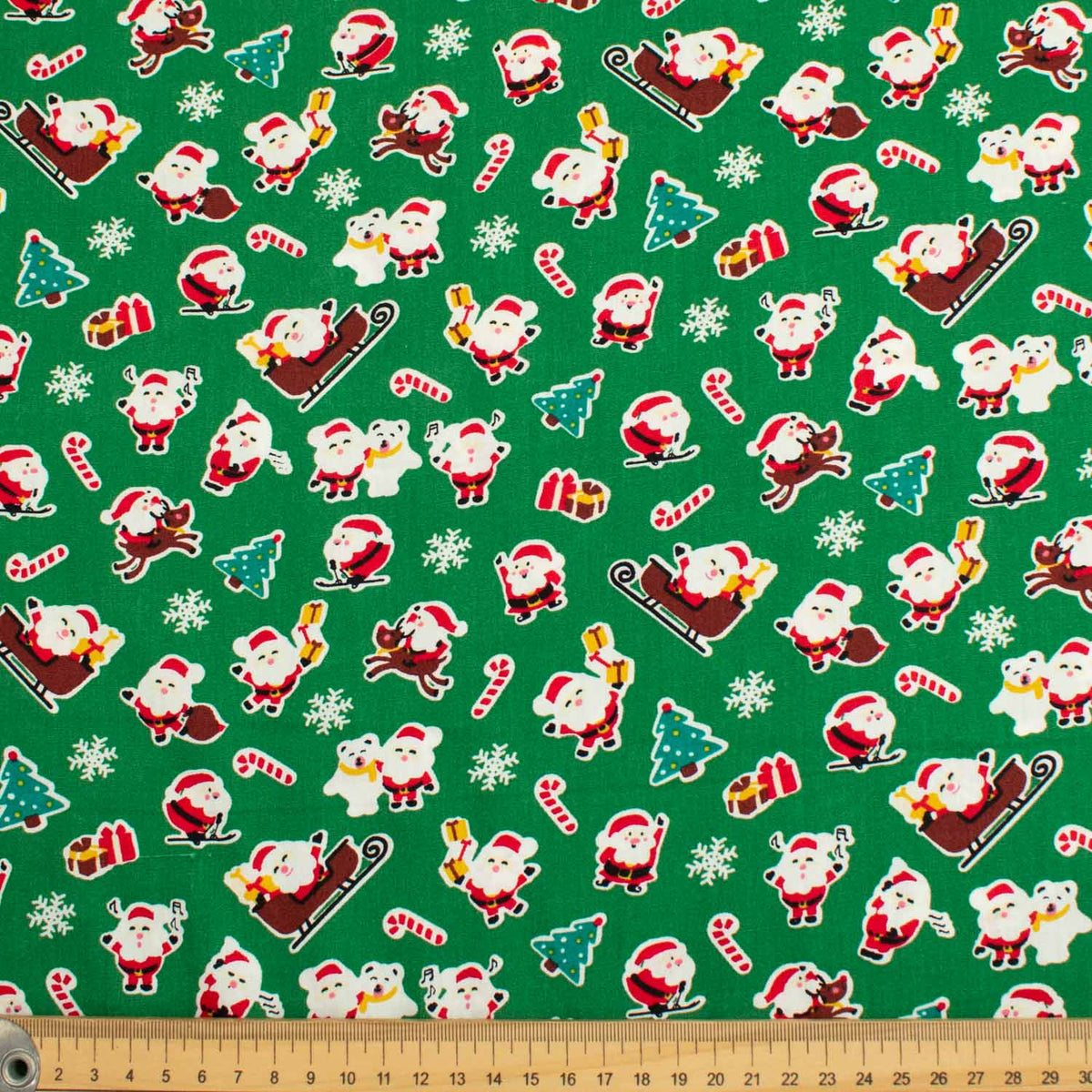 Christmas Cotton Prints Santa, Candy Canes & Snow Flakes on Green ...