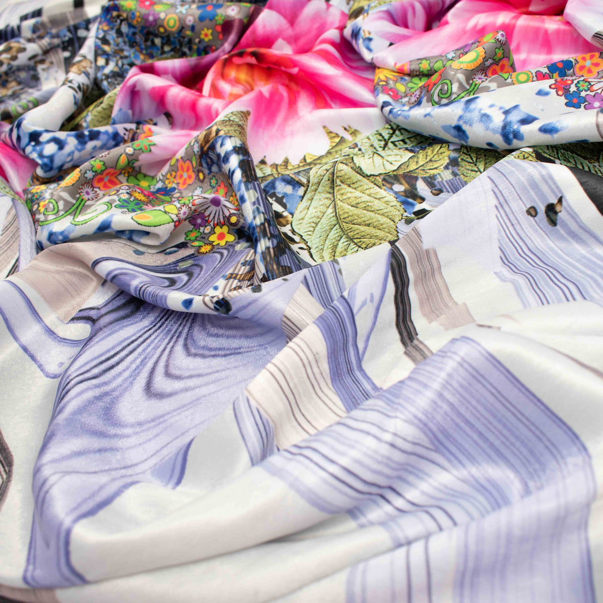 Digital Printed Satin Design-25 Pink Floral on Blue Wave Stripes ...