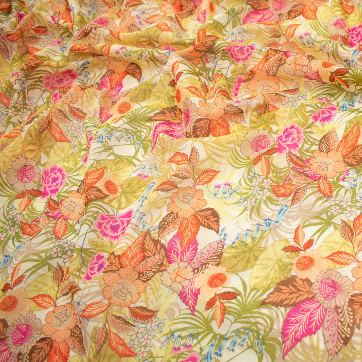 Japanese Pure Cotton Lawn Prints Design-195 Orange Florals & Green Lea ...