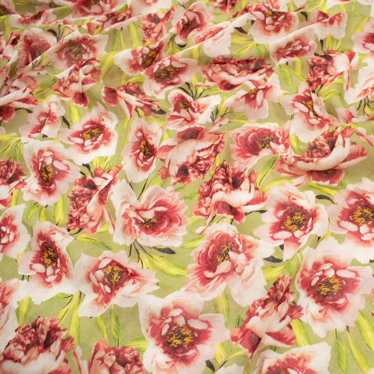 Japanese Pure Cotton Lawn Prints Design-202 Large Red Flowers on Green ...