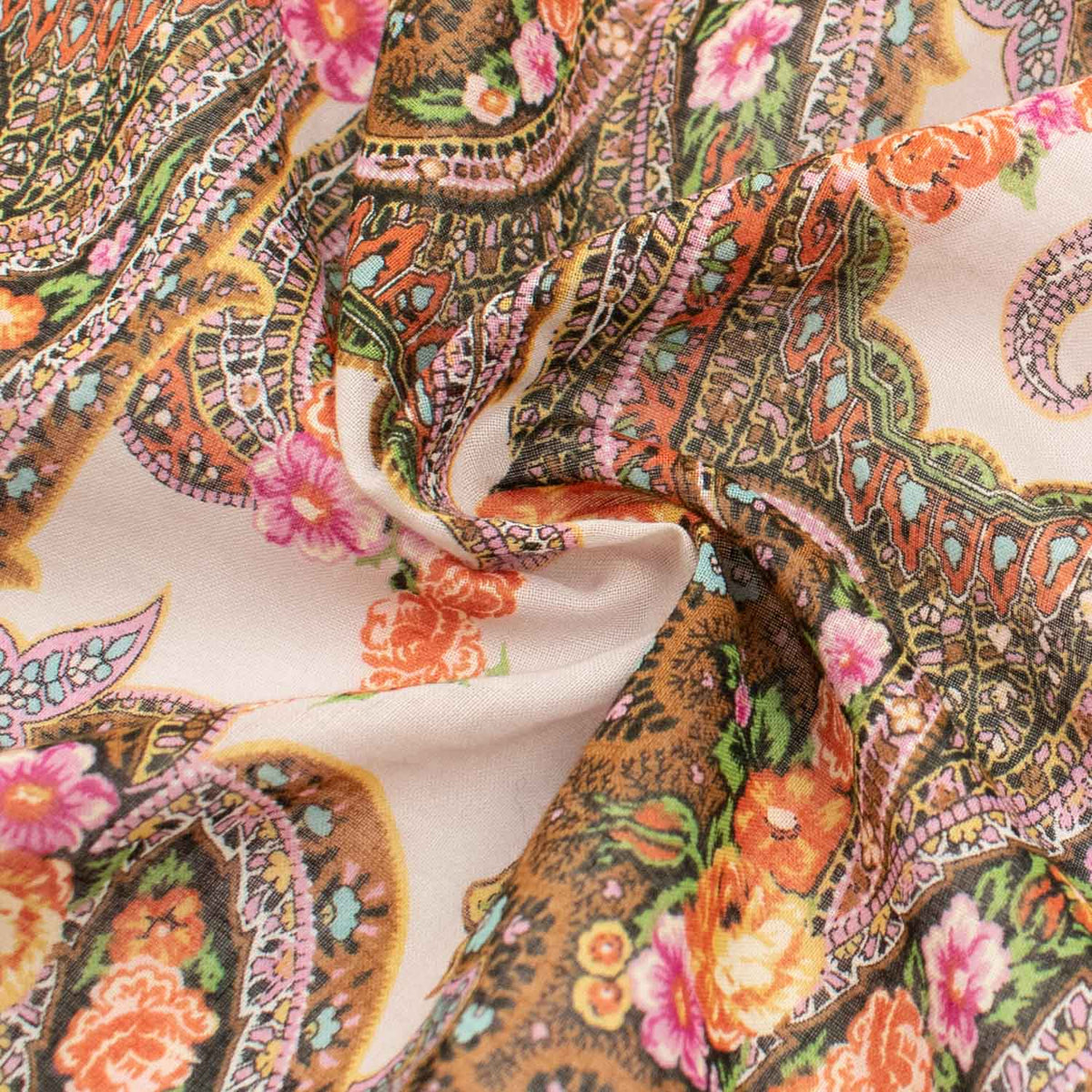 Japanese Pure Cotton Lawn Prints Design-212 Brown & Pink Paisley on Ba ...