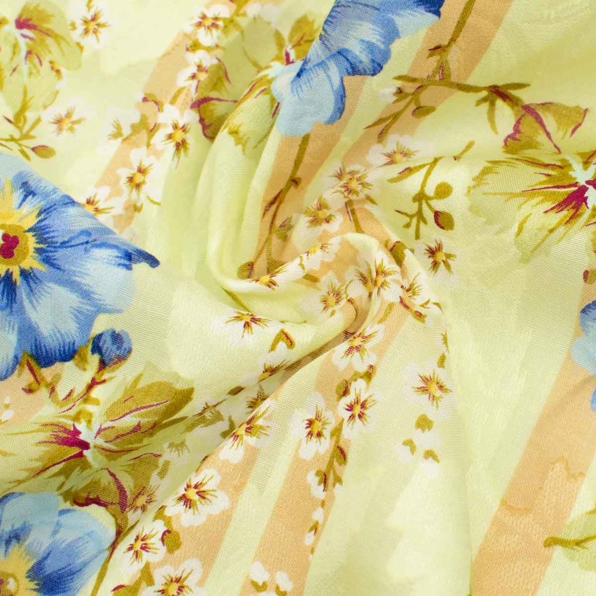 Japanese Pure Cotton Lawn Prints Design-216 Blue Flowers & Latte Strip ...