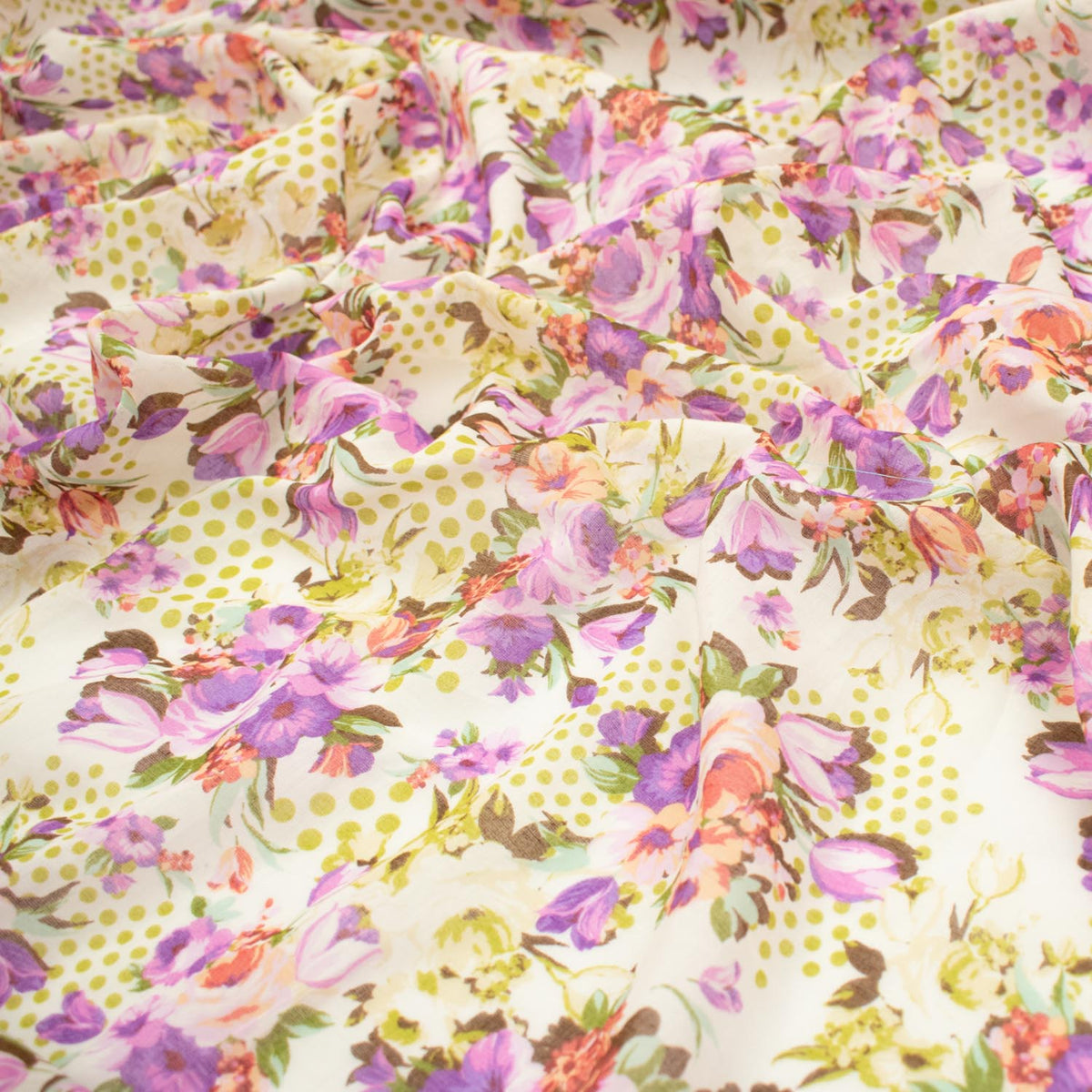 Japanese Pure Cotton Lawn Prints Design-167 Purple Florals & Beige Dot ...