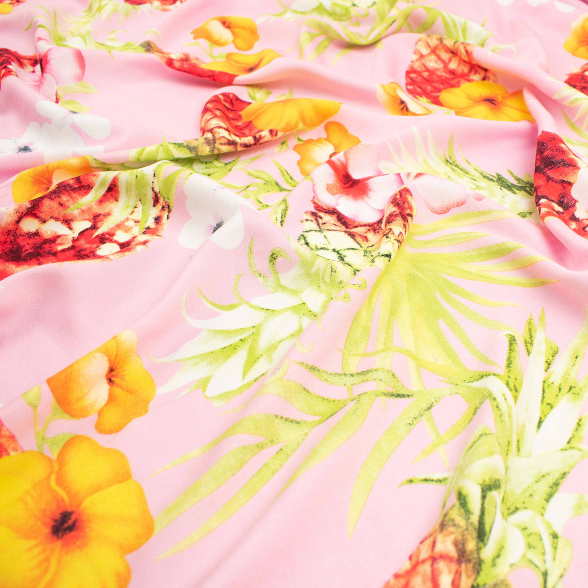 Printed Rayon Design-20 Yellow Flowers & Pineapple on Baby Pink ...