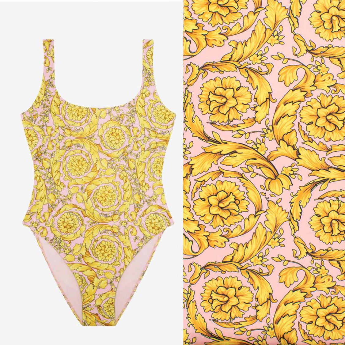 Premium Digital Printed Swimwear Lycra Design-9 Yellow Florals on Pink ...