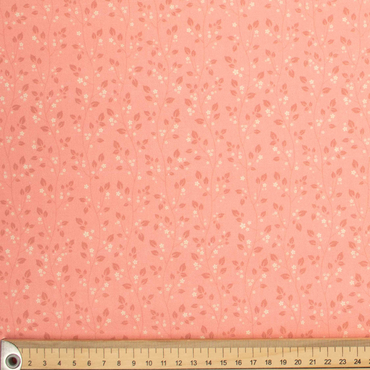 Ruby Red Collection #10 Small Pale Yellow Floral & Vines on Coral Cott ...