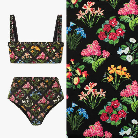 Premium Digital Printed Swimwear Lycra Design-4 Flower Squares on Blac ...